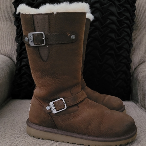 UGG | Shoes | Ugg Girls Kensington Brown Tall Leather Biker Boots ...
